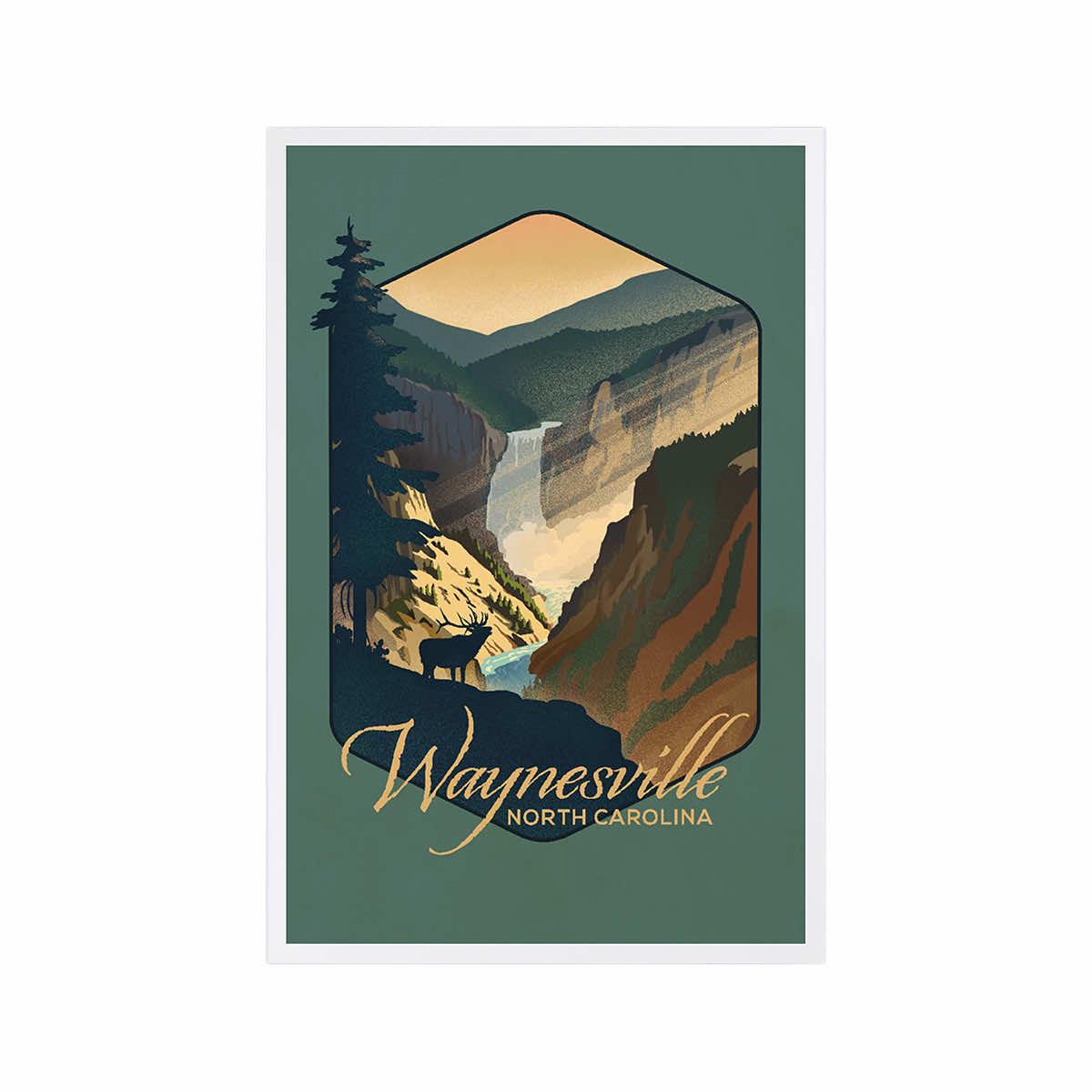 Waynesville Elk & Falls Lithograph Postcard