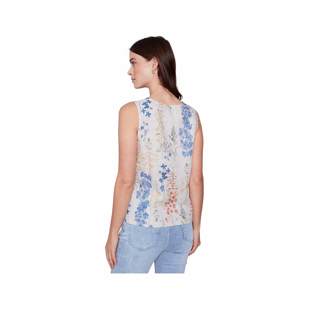 Women's Sleeveless Printed Button Linen Top